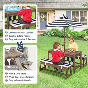 HONEY JOY Kids Picnic Table, Outdoor Wooden Table & Bench Set w/Removable Cushions and Umbrella, Stripe Fabric, Children Backyard Furniture for Patio Garden, Gift for Toddler Boys Girls Age 3+(Blue)