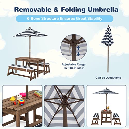 HONEY JOY Kids Picnic Table, Outdoor Wooden Table & Bench Set w/Removable Cushions and Umbrella, Stripe Fabric, Children Backyard Furniture for Patio Garden, Gift for Toddler Boys Girls Age 3+(Blue)