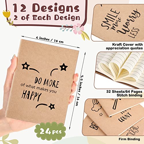 Outus 24 Set Kraft Pocket Notebook with Clear Plastic Bags 12 Designs A6 Mini Composition Notebook and Lined Journals Christmas gifts for Students Kids Women Stuff 4 x 5.5 Inches, 64 Pages