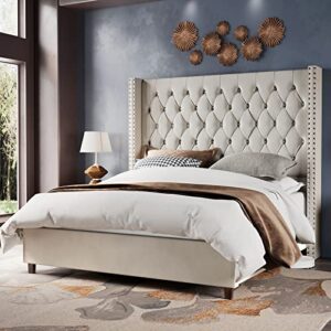 jocisland queen size upholstered bed frame 61.4" high headborad velvet tufted handmade pleat deep button/cream