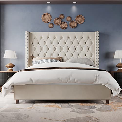 Jocisland Queen Size Upholstered Bed Frame 61.4" High Headborad Velvet Tufted Handmade Pleat Deep Button/Cream