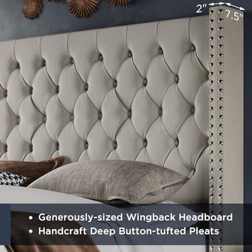 Jocisland Queen Size Upholstered Bed Frame 61.4" High Headborad Velvet Tufted Handmade Pleat Deep Button/Cream