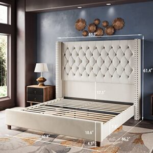 Jocisland Queen Size Upholstered Bed Frame 61.4" High Headborad Velvet Tufted Handmade Pleat Deep Button/Cream