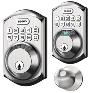 fingerprint door lock set - teeho keyless entry door lock with handle - door knob with keypad deadbolt - smart locks for front door - auto lock - no need app - easy installation - satin nickel