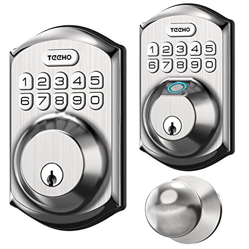 Fingerprint Door Lock Set - TEEHO Keyless Entry Door Lock with Handle - Door Knob with Keypad Deadbolt - Smart Locks for Front Door - Auto Lock - No Need App - Easy Installation - Satin Nickel