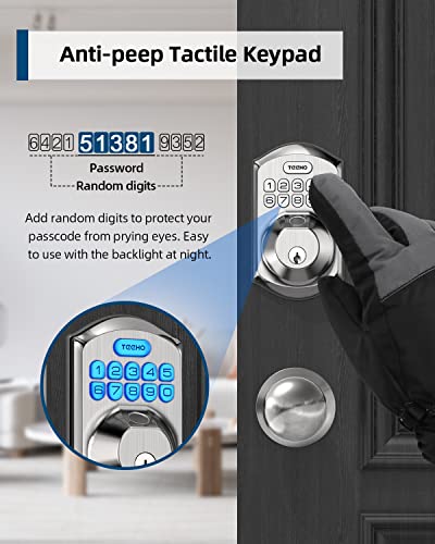 Fingerprint Door Lock Set - TEEHO Keyless Entry Door Lock with Handle - Door Knob with Keypad Deadbolt - Smart Locks for Front Door - Auto Lock - No Need App - Easy Installation - Satin Nickel