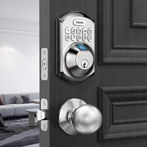 Fingerprint Door Lock Set - TEEHO Keyless Entry Door Lock with Handle - Door Knob with Keypad Deadbolt - Smart Locks for Front Door - Auto Lock - No Need App - Easy Installation - Satin Nickel