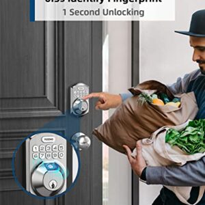 Fingerprint Door Lock Set - TEEHO Keyless Entry Door Lock with Handle - Door Knob with Keypad Deadbolt - Smart Locks for Front Door - Auto Lock - No Need App - Easy Installation - Satin Nickel