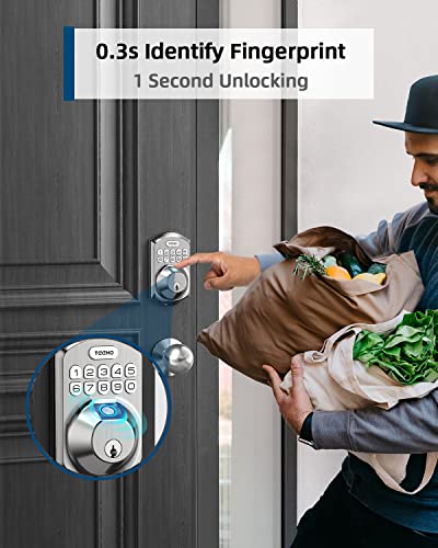 Fingerprint Door Lock Set - TEEHO Keyless Entry Door Lock with Handle - Door Knob with Keypad Deadbolt - Smart Locks for Front Door - Auto Lock - No Need App - Easy Installation - Satin Nickel