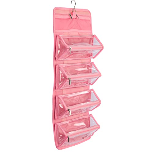 Water Resistant 4 in 1 Hanging Roll Up Travel Toiletry Bag Makeup Cosmetic Storage Case Hair Beauty First Aid Kits Organizer Bag LOL Doll Toy Storage Case With 4 Removable PVC Zipper Pouch (Pink)