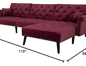 FANYE Red L-Shaped 3 Seater Convertible Sleeper Bed,Corner Velvet Tufted Sectional Sofa & Couch with Reversible Chaise and Nailhead Decor for Home Office Apartment Living Room