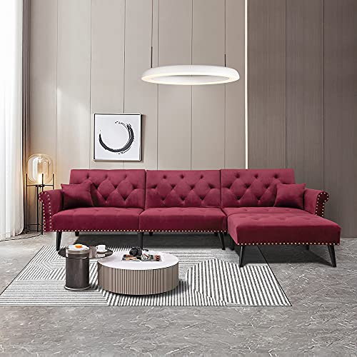 FANYE Red L-Shaped 3 Seater Convertible Sleeper Bed,Corner Velvet Tufted Sectional Sofa & Couch with Reversible Chaise and Nailhead Decor for Home Office Apartment Living Room