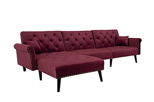 FANYE Red L-Shaped 3 Seater Convertible Sleeper Bed,Corner Velvet Tufted Sectional Sofa & Couch with Reversible Chaise and Nailhead Decor for Home Office Apartment Living Room