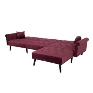 FANYE Red L-Shaped 3 Seater Convertible Sleeper Bed,Corner Velvet Tufted Sectional Sofa & Couch with Reversible Chaise and Nailhead Decor for Home Office Apartment Living Room