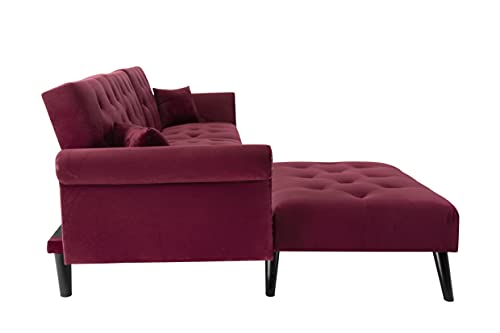 FANYE Red L-Shaped 3 Seater Convertible Sleeper Bed,Corner Velvet Tufted Sectional Sofa & Couch with Reversible Chaise and Nailhead Decor for Home Office Apartment Living Room