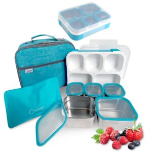 Stainless Steel Kids Bento Lunch-Box with Lunch Bag Ice Pack for Toddler Kids Adult, Leak-Proof School Lunch Container Boxes, Food Snack Containers for Child Daycare Picnic, 5 Compartment 34 oz Blue