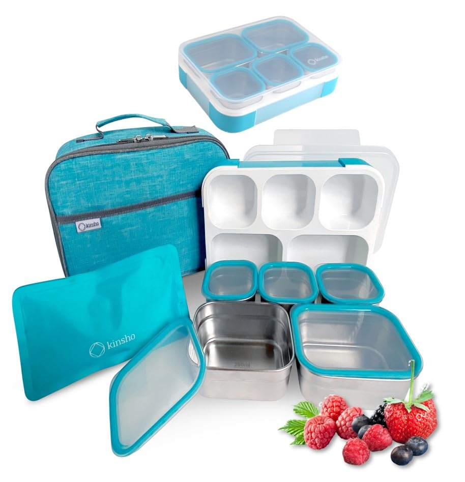 Stainless Steel Kids Bento Lunch-Box with Lunch Bag Ice Pack for Toddler Kids Adult, Leak-Proof School Lunch Container Boxes, Food Snack Containers for Child Daycare Picnic, 5 Compartment 34 oz Blue