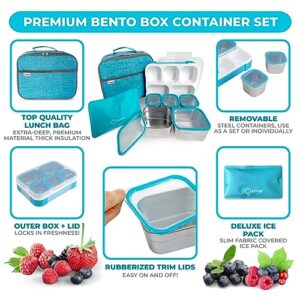 Stainless Steel Kids Bento Lunch-Box with Lunch Bag Ice Pack for Toddler Kids Adult, Leak-Proof School Lunch Container Boxes, Food Snack Containers for Child Daycare Picnic, 5 Compartment 34 oz Blue