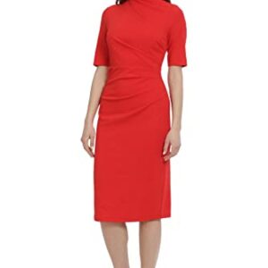 Maggy London Women's Side Pleat Dress with Asymmetric Neck and Elbow Sleeves, True Red