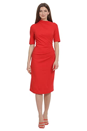 Maggy London Women's Side Pleat Dress with Asymmetric Neck and Elbow Sleeves, True Red