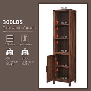 JXQTLINGMU Narrow Storage Cabinet, 5 Shelf Bookshelf, Bookcace, Pantry Cabinet, Farmhouse Storage Cabinet with Doors and Adjustable Shelves for Living Room, Bedroom, Kitchen (Brown)