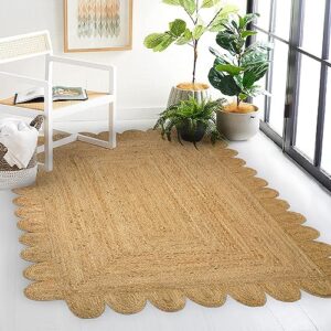 gruhum scalloped jute area rug 4'x6' ft natural fibre rectangular handwoven boho reversible farmhouse soft braided rustic vintage rug indoor outdoor livingroom bedroom kitchen hallways enterways