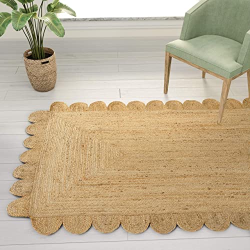 GRUHUM Scalloped Jute Area Rug 4'x6' ft Natural Fibre Rectangular Handwoven Boho Reversible Farmhouse Soft Braided Rustic Vintage Rug Indoor Outdoor Livingroom Bedroom Kitchen Hallways Enterways