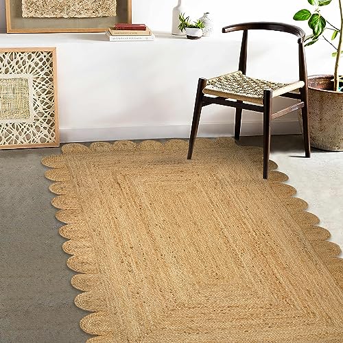 GRUHUM Scalloped Jute Area Rug 4'x6' ft Natural Fibre Rectangular Handwoven Boho Reversible Farmhouse Soft Braided Rustic Vintage Rug Indoor Outdoor Livingroom Bedroom Kitchen Hallways Enterways