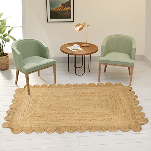 GRUHUM Scalloped Jute Area Rug 4'x6' ft Natural Fibre Rectangular Handwoven Boho Reversible Farmhouse Soft Braided Rustic Vintage Rug Indoor Outdoor Livingroom Bedroom Kitchen Hallways Enterways