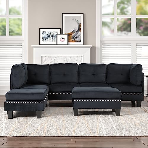 Casa Andrea Milano 3-Piece Velvet with Nailhead Trim Sectional Sofa and Ottoman Set, Large, Black