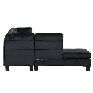 Casa Andrea Milano 3-Piece Velvet with Nailhead Trim Sectional Sofa and Ottoman Set, Large, Black