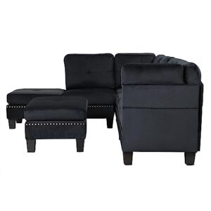 Casa Andrea Milano 3-Piece Velvet with Nailhead Trim Sectional Sofa and Ottoman Set, Large, Black