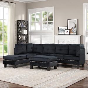 Casa Andrea Milano 3-Piece Velvet with Nailhead Trim Sectional Sofa and Ottoman Set, Large, Black