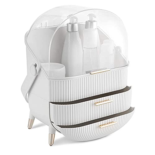 MASSY Egg Shape(Oval) Makeup Storage Box, Countertop Portable Vanity Cosmetics Organizer Preppy Style (MBOX-Ship From California)