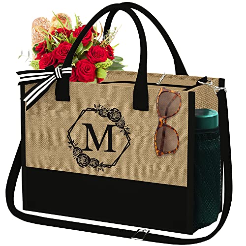 YOOLIFE Personalized Birthday Gifts for Women, Travel Beach Tote Bag with Zipper, Thank You Gift Friends Female Teacher Bridesmaid Mothers Day Gifts for Wife Girlfriend Mom Daughter Grandma M