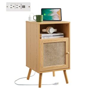 GTOLV Rattan Nightstand with Charging Station, Boho End Table with Handmade Rattan Decorated Door and Pine Legs for Bedroom, Living Room