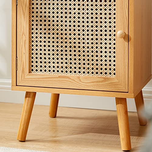 GTOLV Rattan Nightstand with Charging Station, Boho End Table with Handmade Rattan Decorated Door and Pine Legs for Bedroom, Living Room