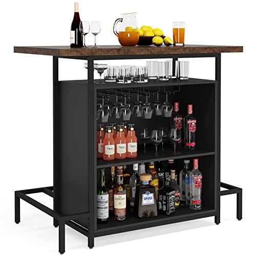 LITTLE TREE Home Bar Unit Cabinet with Footrest, Industrial 3-Tier Liquor Bar Table with Stemware Rack and Wine Storage