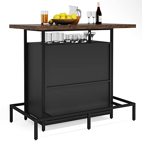 LITTLE TREE Home Bar Unit Cabinet with Footrest, Industrial 3-Tier Liquor Bar Table with Stemware Rack and Wine Storage