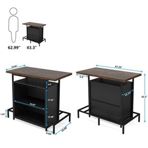 LITTLE TREE Home Bar Unit Cabinet with Footrest, Industrial 3-Tier Liquor Bar Table with Stemware Rack and Wine Storage