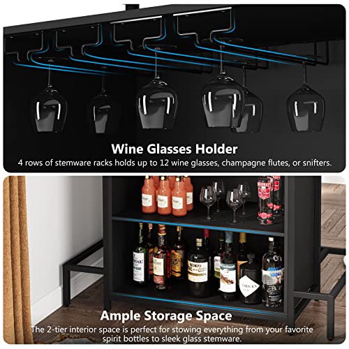 LITTLE TREE Home Bar Unit Cabinet with Footrest, Industrial 3-Tier Liquor Bar Table with Stemware Rack and Wine Storage