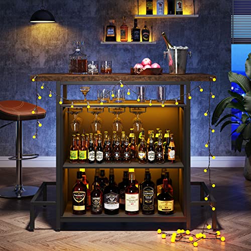 LITTLE TREE Home Bar Unit Cabinet with Footrest, Industrial 3-Tier Liquor Bar Table with Stemware Rack and Wine Storage