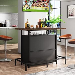 LITTLE TREE Home Bar Unit Cabinet with Footrest, Industrial 3-Tier Liquor Bar Table with Stemware Rack and Wine Storage