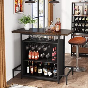 LITTLE TREE Home Bar Unit Cabinet with Footrest, Industrial 3-Tier Liquor Bar Table with Stemware Rack and Wine Storage