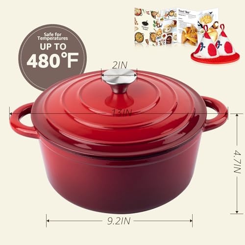 Overmont 5.5QT Enameled Cast Iron Dutch Oven with Lid Cookbook & Cotton Heat-resistant Cap, Heavy-Duty Casserole with Dual handles for Braising, Stews, Roasting, Bread Baking