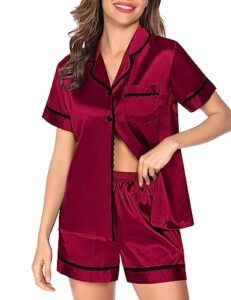 swomog summer silk pajamas for women satin pjs two piece soft lace lounge shorts button down pj short sleepwear loungewear wine red