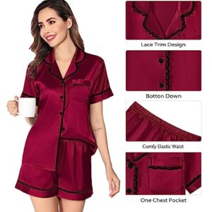 SWOMOG Summer Silk Pajamas for Women Satin Pjs Two Piece Soft Lace Lounge Shorts Button Down Pj Short Sleepwear Loungewear Wine Red