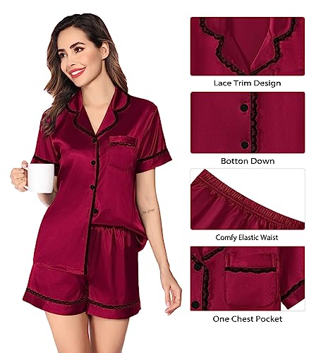 SWOMOG Summer Silk Pajamas for Women Satin Pjs Two Piece Soft Lace Lounge Shorts Button Down Pj Short Sleepwear Loungewear Wine Red