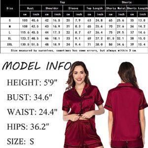 SWOMOG Summer Silk Pajamas for Women Satin Pjs Two Piece Soft Lace Lounge Shorts Button Down Pj Short Sleepwear Loungewear Wine Red