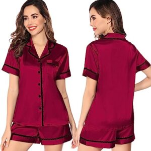 SWOMOG Summer Silk Pajamas for Women Satin Pjs Two Piece Soft Lace Lounge Shorts Button Down Pj Short Sleepwear Loungewear Wine Red